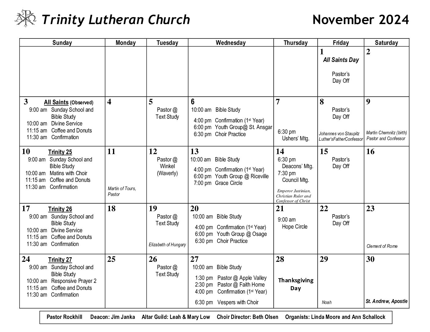 Calendar | Trinity Lutheran Church